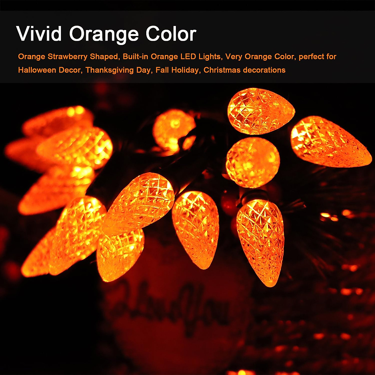 HUGSVIK 100 LED C6 Solar Orange Halloween Lights, 8 Modes Orange Christmas Lights for Outdoor, Waterproof Solar Orange Lights for Halloween, Christmas Tree Thanksgiving, Fall Garden Yard and Patio