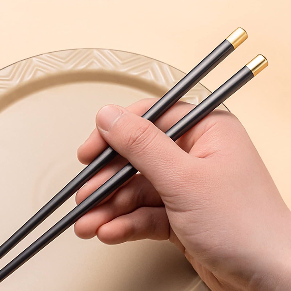5 Pairs Fiberglass Chopsticks-Reusable Chopsticks Dishwasher Safe, 9.57 inch/24.3cm Matte Non-Slip Japanese Chinese Family/ Hotel/ Restaurant Chop Sticks, Hair ChopStick Christmas Gift Set, Black-B