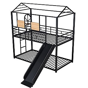 Tidyard Twin Over Twin Metal Bunk Bed,Metal Housebed with Slide,Three Colors Available.(Black with Black Slide) for Bedroom Dorm Guest Room Home Furniture