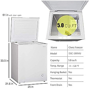 Smad Deep Chest Freezer 5 Cu.ft Low Noise Top Open Freezer with Removable Hanging Basket Auto Hold Door Hinges Front Drain, White