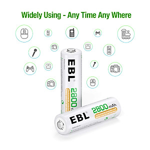 EBL AA 2800mAh High Performance Ni-MH Rechargeable Batteries, 4 Pack