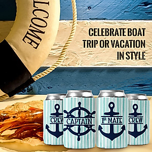 The Navy Knot Personalized Can Cooler Sleeves - Slim Cans Beverage Foldable Cooler Sleeves, Sweat-Proof Can Huggers for 12oz Beverage Bottles, Cool Boat Accessories, 4 Pk (Nautical Captain & Crew)