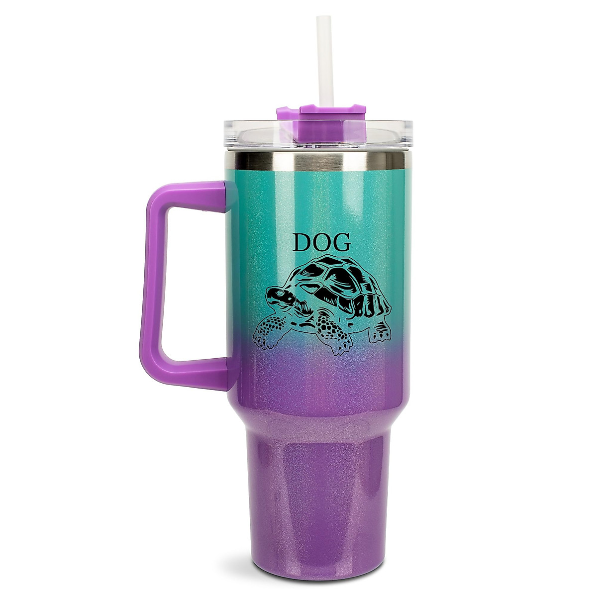 100 North Turtle Dog Elden Meme Ring Video Game Wrap-Around 40 Oz. Stainless Steel Water Bottle Coffee Mug, Spill & Leak Resistant, Travel Tumbler with Handle, Lid & Straw, Teal & Purple