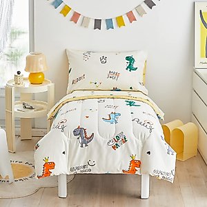 Cotton 4 Pieces Floral Toddler Bedding Set 4 pc Pink Flowers Toddler Bed Set with Includes Adorable Quilted White Comforter,Pink Plaid Fitted Sheet, Top Sheet, and Pillow Case
