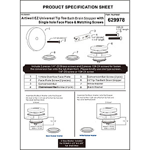 Gold Universal Tub Drain Tip Toe Tub Conversion Kit Assembly, Artiwell EZ Installation Bathtub Drain Replacement Trim Kit with 1-Hole Overflow Face Plate and Pop-Up Tub Stopper,Brushed Gold
