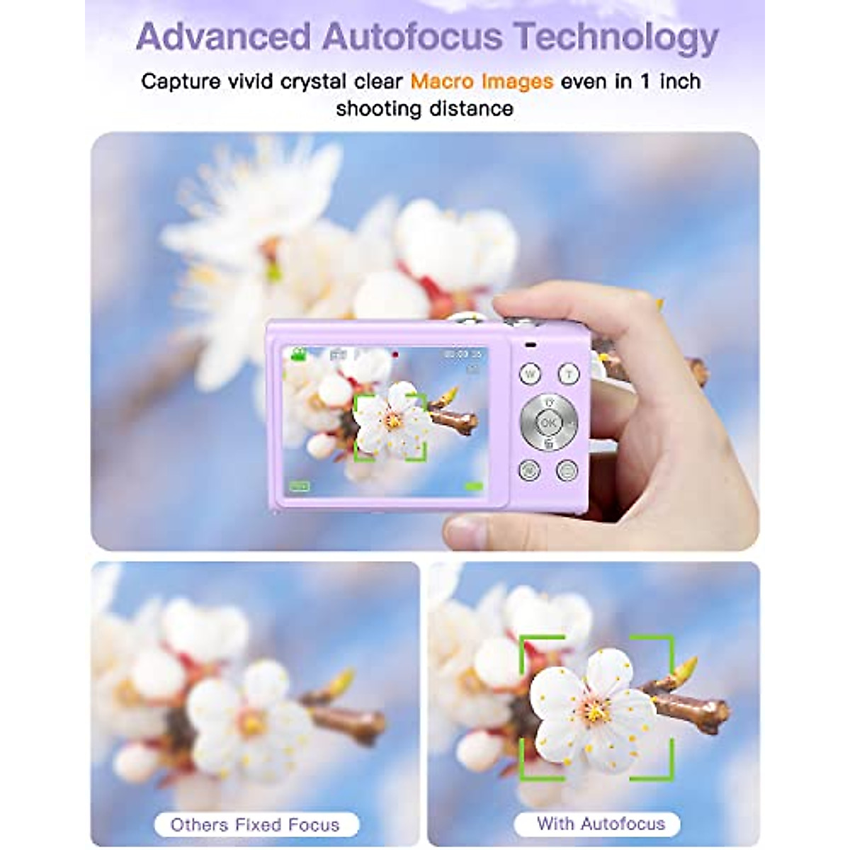 Digital Camera, Zostuic 2.7K Autofocus 48MP Kids Camera with 32 GB Card 16X Zoom Compact Portable Mini Toy Cameras Christmas Birthday Festival Gift for Kid Children Teens Girls Boys(Purple)