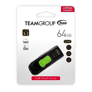 TEAMGROUP C145 64GB 5 Pack USB 3.2 Gen 1 (3.1/3.0) Read 100MB/s Flash Thumb Drive, External Data Storage Memory Stick Compatible with Computer/Laptop (Black-Green) TC145364GG21