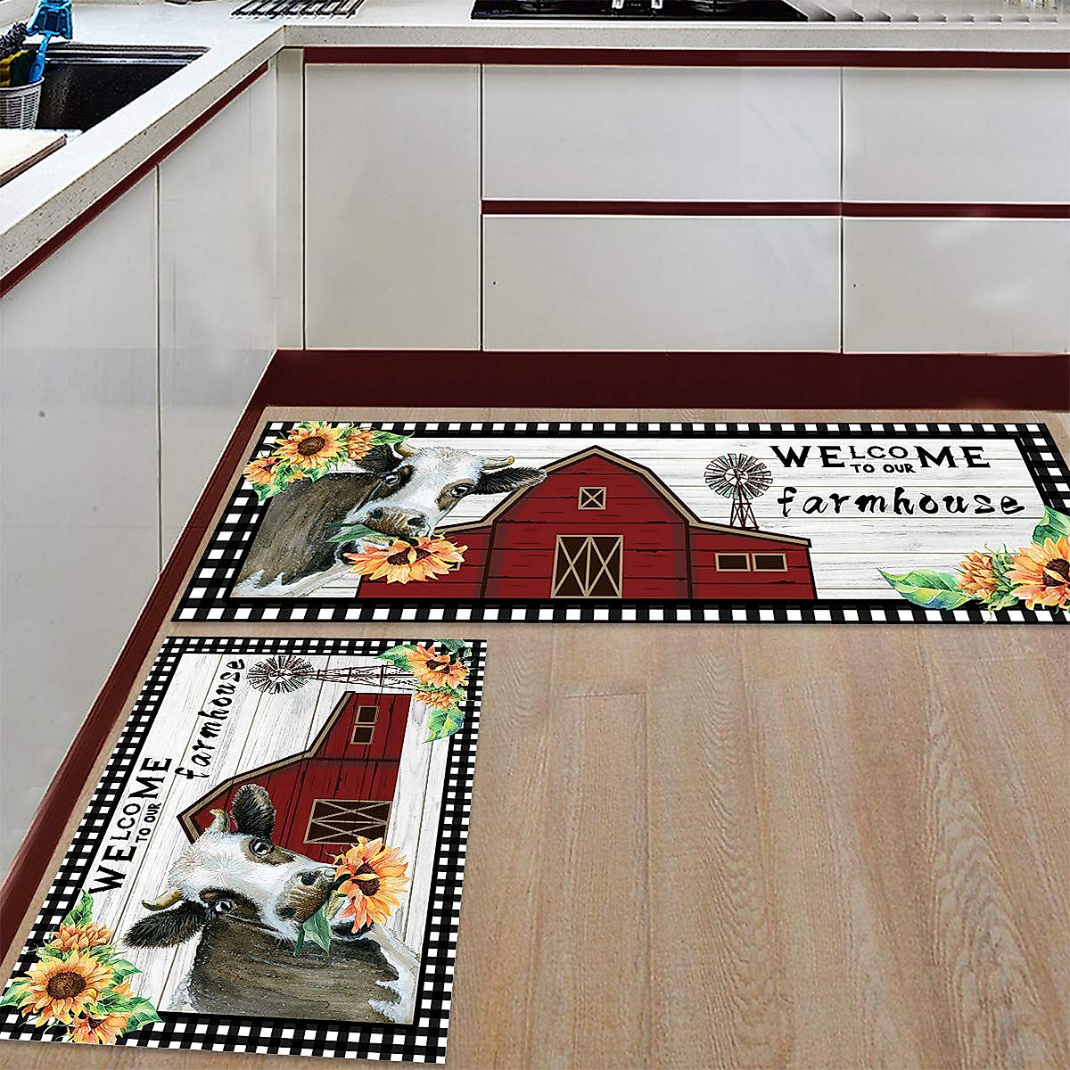 Queener Home Farmhouse Cow and Old Red Wooden Barn Kitchen Rugs and Mats Set of 2, Washable Floor Doormat Comfort Area Runner Rug Non-Slip Rubber Backing for Indoor Sunflowers