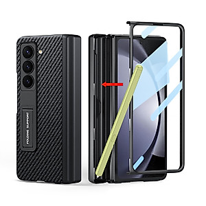 Libeagle Compatible with Samsung Galaxy Z Fold 5 Case, Built in Hidden Fold 5 New Slim S Pen Holder (2023), Leather on Back, Screen Protector, Hinge Protection, Wireless Charging Cover 5G-Carbon Fiber