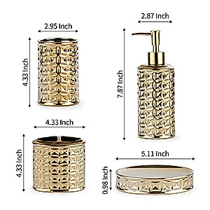 Gold Bathroom Accessory Set, 4-Piece Ceramic Bathroom Decorations Accessories Sets Includes Lotion Dispenser, Toothbrush Holder Tumbler and Soap Dish