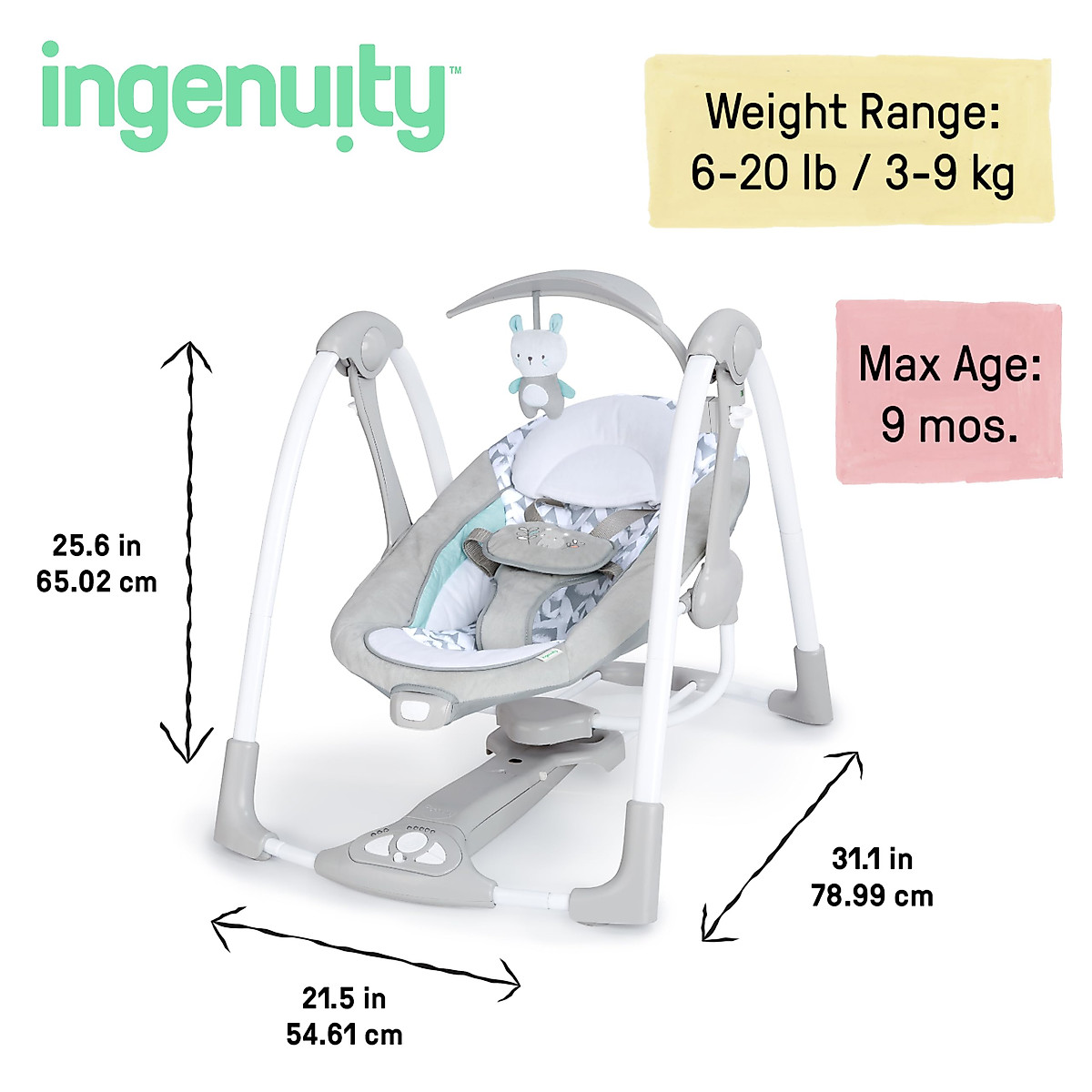 Ingenuity ConvertMe 2-in-1 Compact Portable Automatic Baby Swing & Infant Seat, Battery-Powered Vibrations, Nature Sounds, 0-9 Months 6-20 lbs (Raylan)