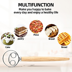 13-Inch Danish Dough Whisk - Wooden Danish Whisk for Dough with Stainless Steel Dough Hook - Traditional Dutch Whisk - Bread Whisk for Sourdough, Pizza, Pastry, Cake Batter (Rubberwood，Silver, 1)