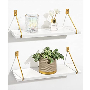 Gronda White Floating Shelves Set of 2, Modern Floating Shelves Wall Mounted with Gold Bracket Wall Shelves for Living Room Bathroom Bedroom Kitchen Office