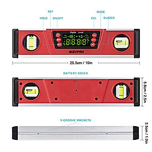 RISEPRO 10-Inch Digital Torpedo Level and Protractor IP54 Protected Electronic Bubble Inclinometer, Angle Finder, Gauge w/Large VA Display & V-Groove Base DL135N