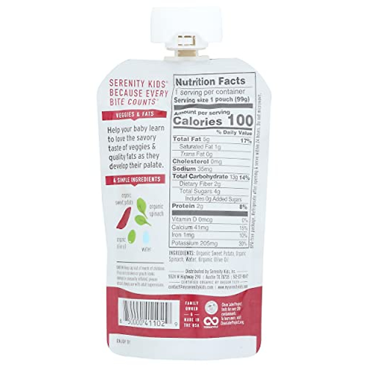 Serenity Kids 6+ Months USDA Organic Veggie Puree Baby Food Pouches | No Sugary Fruits or Added Sugar | Allergen Free | 3.5 Ounce BPA-Free Pouch | Sweet Potato & Spinach | 1 Count