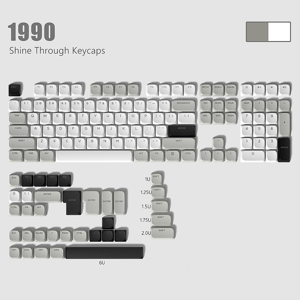 Womier Low Profile Keycaps - Shine Through Keycaps 60 65 75 100 Percent, Keyboard Key caps PBT Full Size for Cherry Gateron MX Switches Mechanical Keyboard, Grey/White