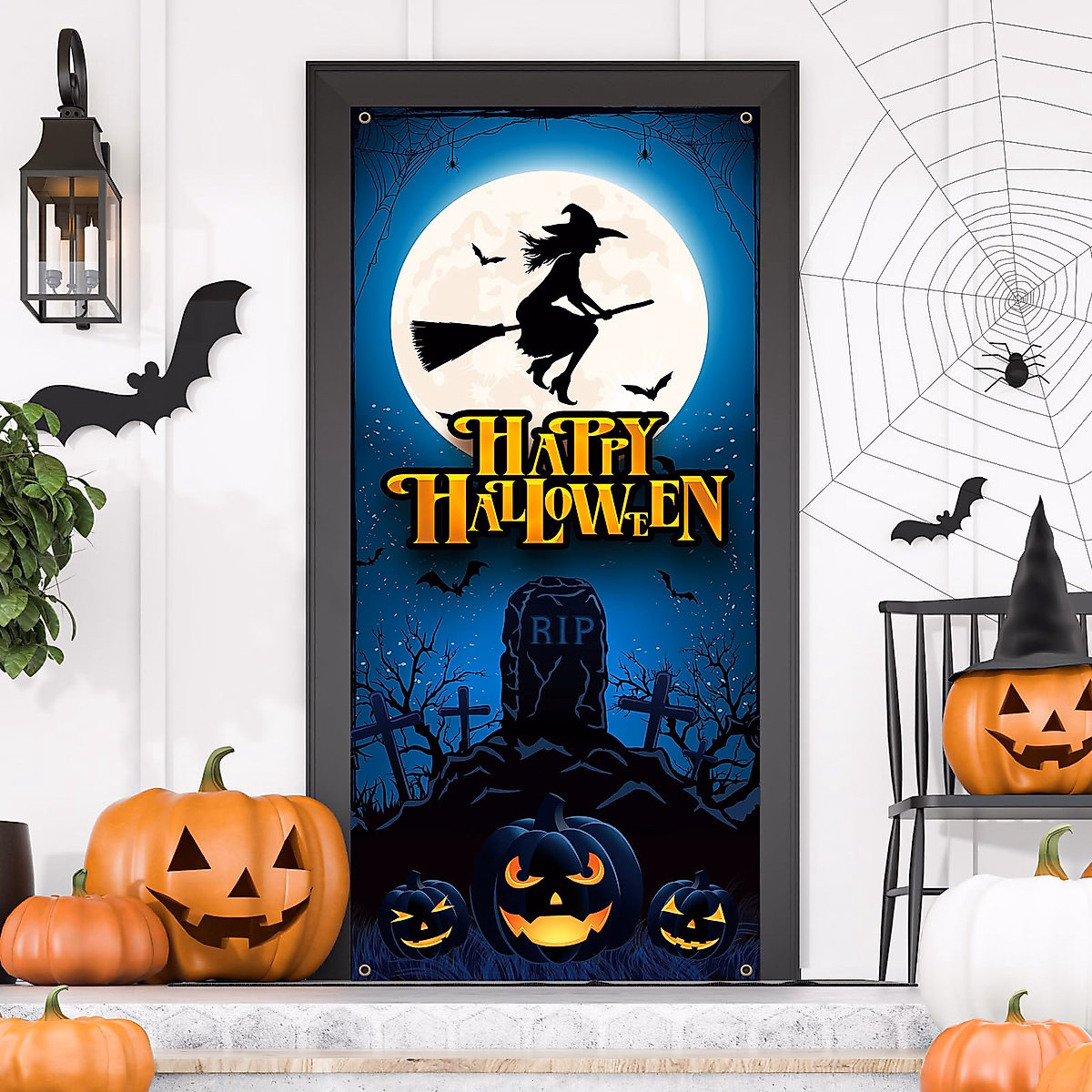 Panelee Halloween Door Decorations 79 x 35 Inches Skeleton Witch Window Door Cover Photo Posters Banner Backdrop Halloween Wallpaper Sticker for Front Door Porch Halloween Party Supplies(Moon, Witch)