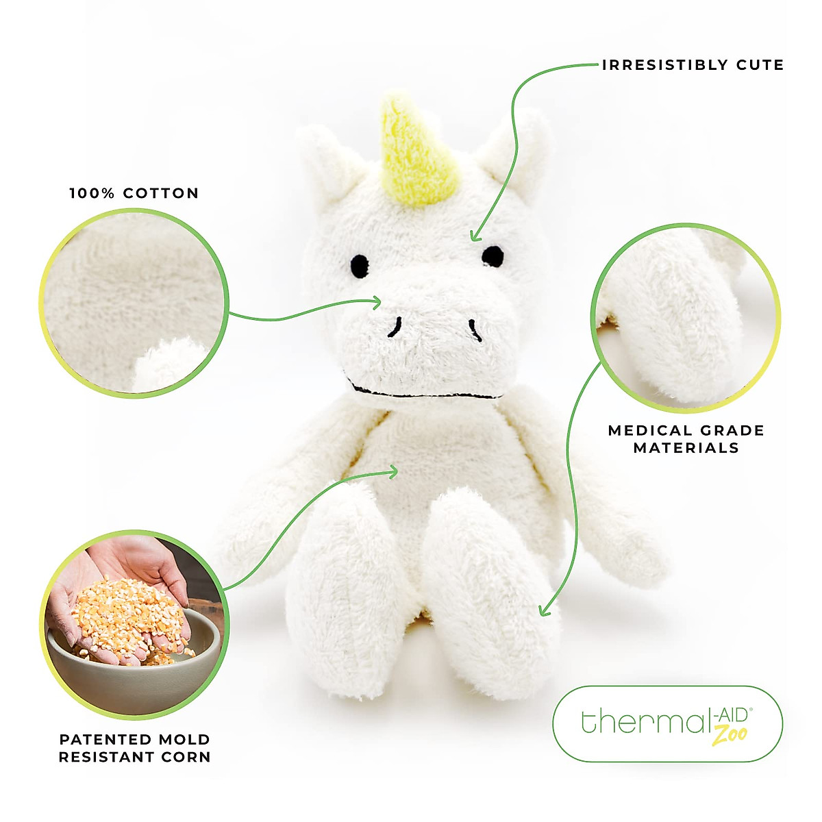 Thermal-Aid Zoo Microwavable Stuffed Animal - Plush Toy and Hot Cold Pack - Juno The Unicorn White