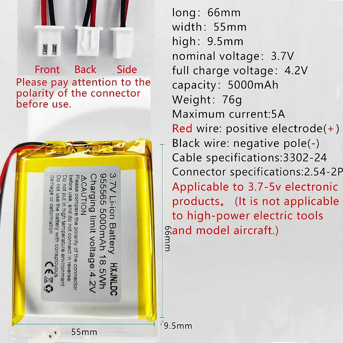HXJNLDC DC 3.7V 5000mAh 955565 li-ion Lithium Ion Polymer Battery Replacement for DIY 3.7-5V Electronic Product, Mobile Energy Storage Power Supply