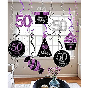 50th Birthday Decorations for Women Purple Silver Black Qian’s Party Purple Silver Black Foil Hanging Swirls Decorations 50th Birthday Party Hanging Decor – Women 50th Birthday Party Decoration Swirls - Set of 15