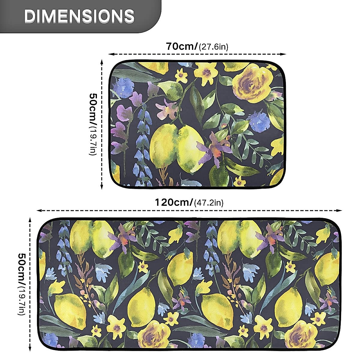 Floral Citrus Fruit Lemon Kitchen Rugs and Mats Set 2 Piece Non Slip Washable Runner Rug Set of 2 for Floor Home Decor Sink Kitchen Laundry