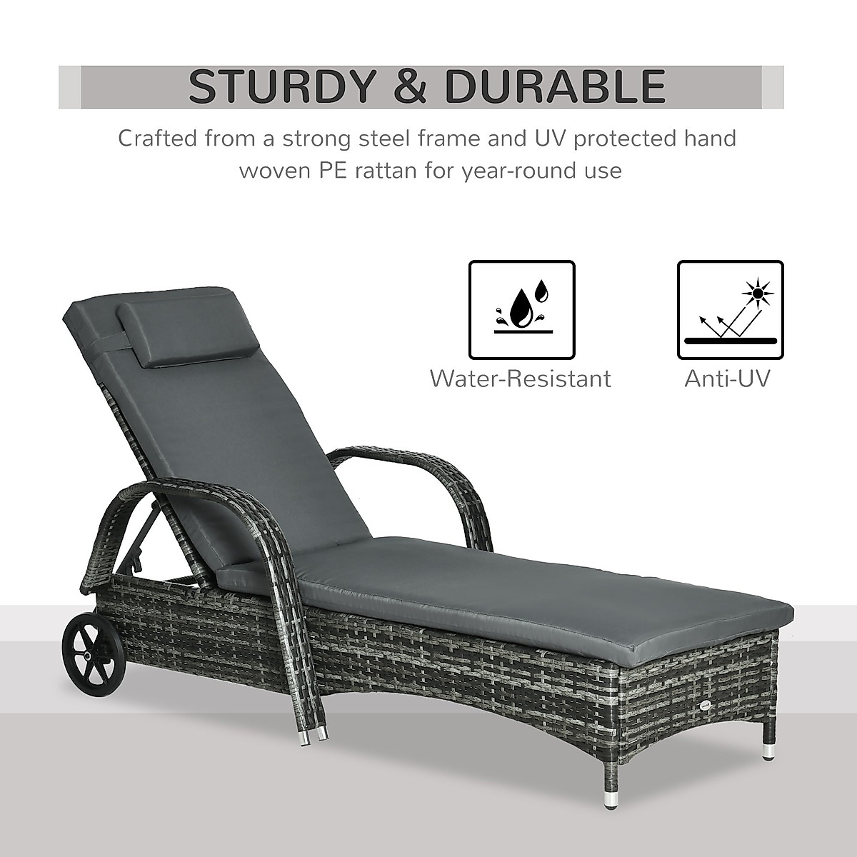 Outsunny Wicker Outdoor Chaise Lounge Set of 2, 5-Level Adjustable Backrest PE Rattan Pool Lounge Chair with Wheels, Cushion & Headrest, Mixed Gray and Charcoal Gray