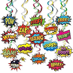 Superhero Hanging Swirls 30 Pack Hero Action Sign Foil Ceiling Hanging Swirls Streams Banner Decorations Garland for Kids Cartoon Superhero Baby Shower Celebrating Events Birthday Party Supplies Room Wall Decor