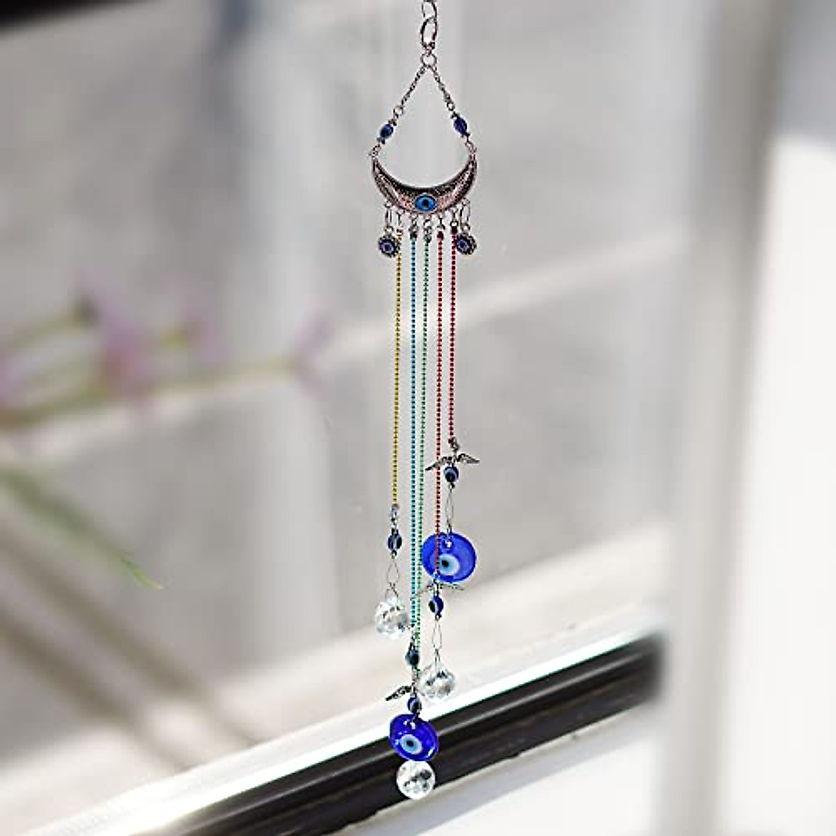 20inch Blue Evil Eye Hanging Crystals Suncatcher Ornament with Chakra Energy Crystal Ball Prism Pendant Rainbow Maker for Home Decor Protection