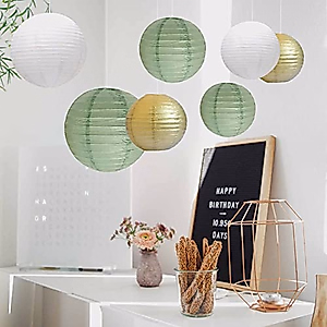 ANSOMO Sage Green White and Gold Paper Lanterns Party Decorations Chinese Japanese Hanging Decorative Birthday Baby Shower Bridal Wedding Greenery Neutral Home Décor 12 Pcs 12" 10" 8" 6"