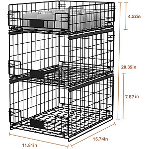3 Pack Sliding Closet Organizers and Storage, Stackable Closet Storage Shelves, Pull Out Clothes Storage Organizer Baskets/Containers/Drawers with Dividers for Wardrobe (Black-Sturdy Wire Metal Frame)
