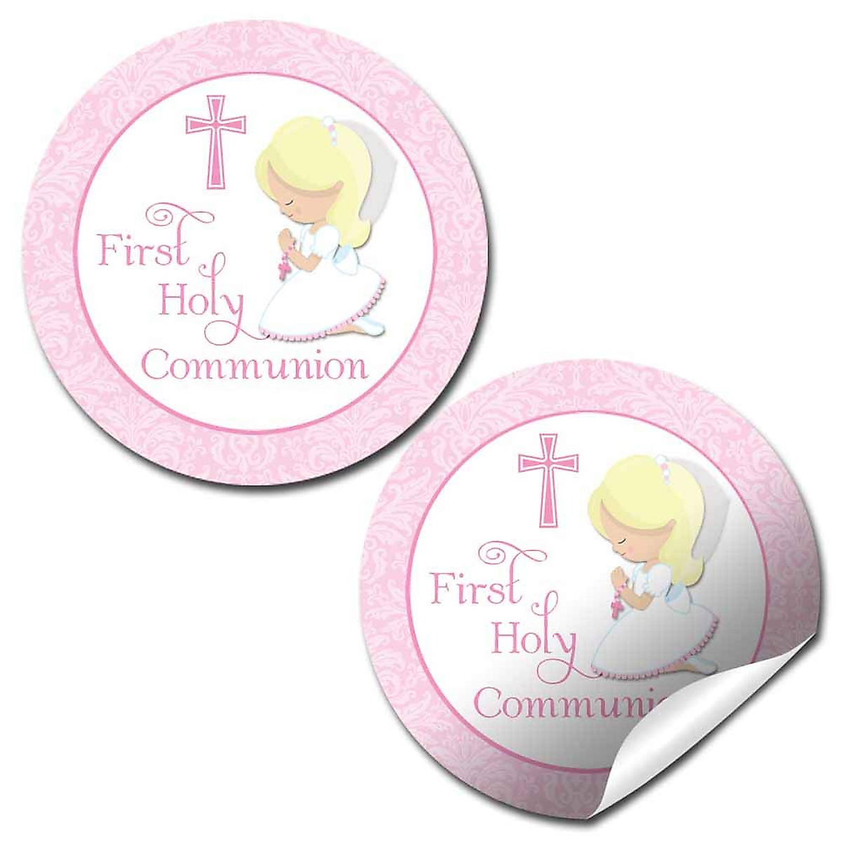 First Holy Communion Religious Thank You Sticker Labels for Girls (Light Skin, Blond Hair), 40 2" Party Circle Stickers by AmandaCreation, Great for Party Favors, Envelope Seals & Goodie Bags
