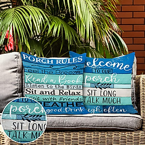 Jartinle Coastal Stripe Outdoor Pillows Covers 18x18 for Patio Furniture Waterproof, Welcome to Our Porch Throw Pillow Covers Square Linen for Couch Outside Bench Set of 2