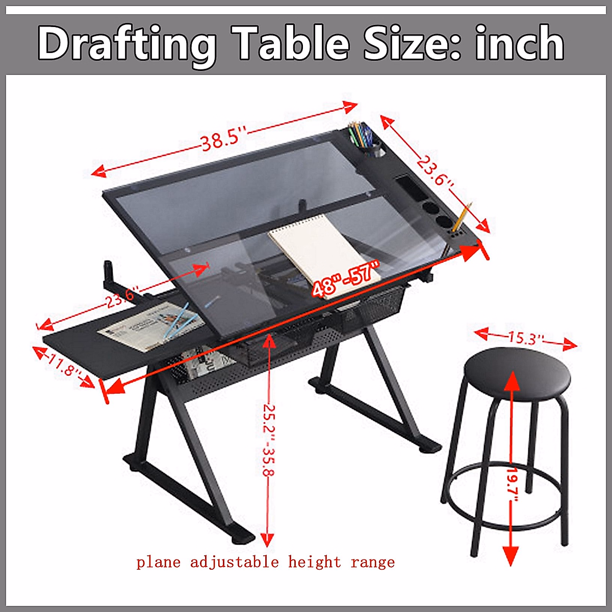 Gagawin Drafting Table with Stool, Height Adjustable Drawing Desk Tempered Glass Art Table Writing Desk with 0-75° Tilting Tabletop for Home Office, No.1-Black