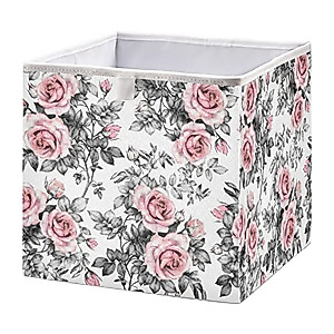Poeticcity Vintage Pink Rose Flowers and Grey Leaves Seamless on White Square Storage Basket Bin, Collapsible Storage Box, Foldable Nursery Baskets Organizer for Toy, Clothes Easy to Assemble