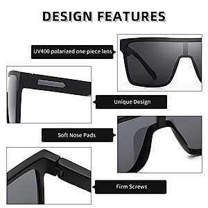 GLINDAR Polarized Shield Sunglasses for Men Square Flat Top Sports Glasses Black Frame/Grey Lens