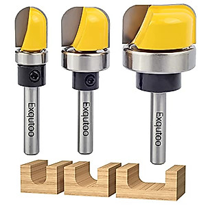 Exqutoo 3Pcs 1/4" Shank Carbide Round Nose Groove Router Bit Set Template Router planing Head Set with Ball Bearing Engraving Router planing Head Wood Cutter Woodworking Tools Carving Cutting Tool