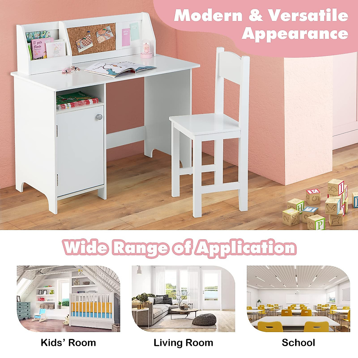 Costzon Kids Desk and Chair Set, Wooden Children Study Table with Storage, Hutch, Cork Bulletin Board, Whiteboard & Marker, Student Computer Workstation Writing Desk for Kids Bedroom, School, White