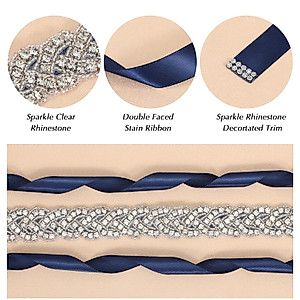 XZQTIVE Bridal Belt Handmade Crystal Rhinestone Braided Wedding Dress Sash Belt For Bridal Gowns, Silver, Blue Organza