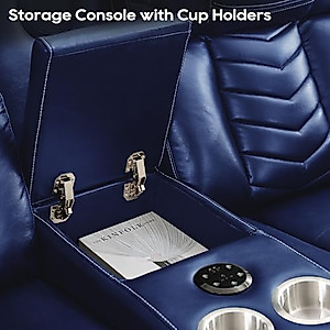 Manual Recliner Sofa Set 3 Piece with Wireless Charger for Living Room,Leather 3 Seater Reclining Couch with Bass Speaker and Loveseat Theater Seating,Home Electric Recliner Chair with LED Light,Blue