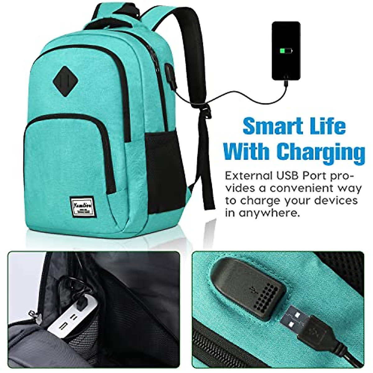 YAMTION School Backpack for Teen Girls and Boys,Laptop Bookbag for College with USB Charging Port,Green