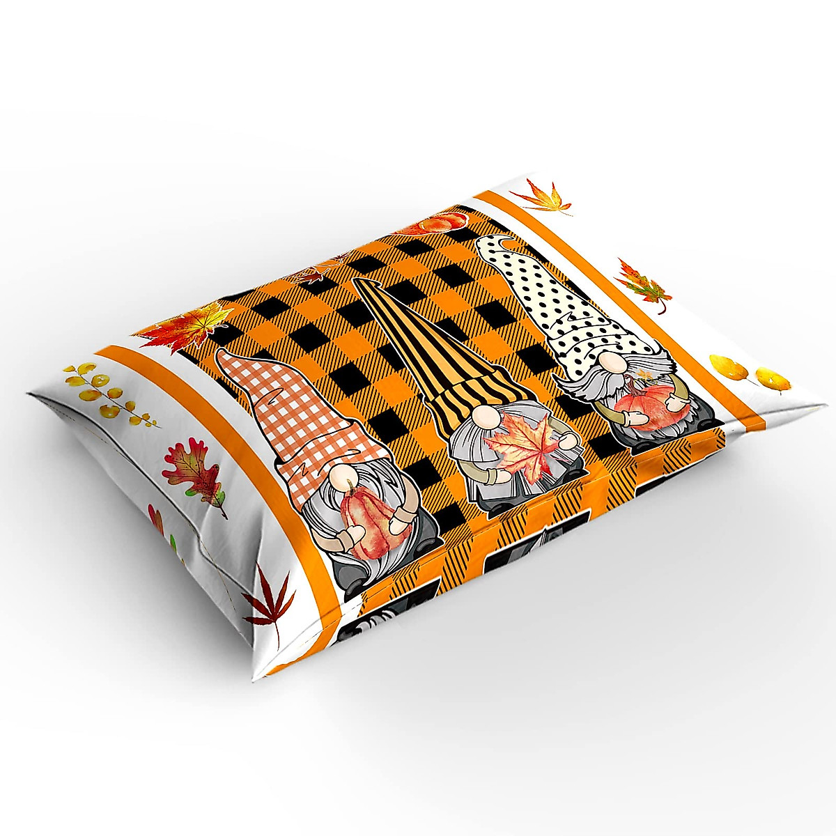 3 Pieces Bedding Set Queen Size, Fall Gnomes Soft Duvet Cover Set Comforter Cover Set with Zipper Closure All-Season Breathable Bedding Set Thanksgiving Orange Black Plaid Autumn Maple Leaf Pumpkin