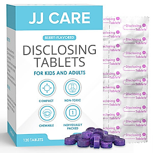 JJ Care Disclosing Tablets - 120 Count of Teeth Coloring Plaque Disclosing Tablets, Berry Flavored Dental Disclosing Tablets for Kids and Adults, Individually Wrapped Plaque Tablets