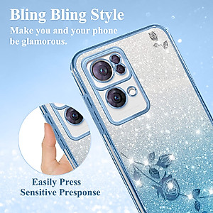 Phone Case Oppo Reno 7 pro Glitter for Women Girls Pink Floral Clear Shockproof Protector Oppo Reno 7 pro Phone Case Cover Diamond Bling Sparkle Luxury Cute Thin 2023 (Blue)