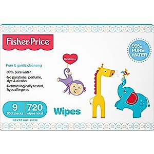Fisher-Price Baby Wipes Unscented, Hypoallergenic, 99% Water Baby Diaper Wipes, Ideal for Newborn and Sensitive Skin, 9x Resealable Packs (720 Total Wipes)