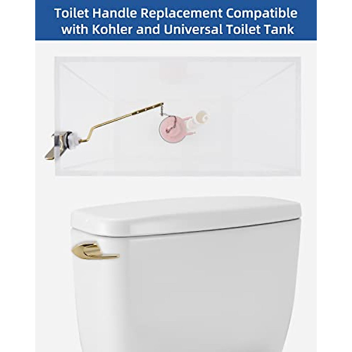 Hibbent Toilet Handle Replacement, Side Mount Tank Flush Lever Handle Compatible with Kohler Toilet Tank, Toilet Trip Lever with Stainless Steel Flapper Chains, Toilet Repair Handle, Polished Brass