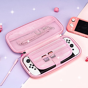 BelugaDesign Pink Puff Ball Case | Cute Kawaii Anime Smash Pink Carry Travel | Shoulder Wrist Straps Accessory Set Stores 9 Game Cards | Compatible with Nintendo Switch Standard Lite OLED (Case Only)