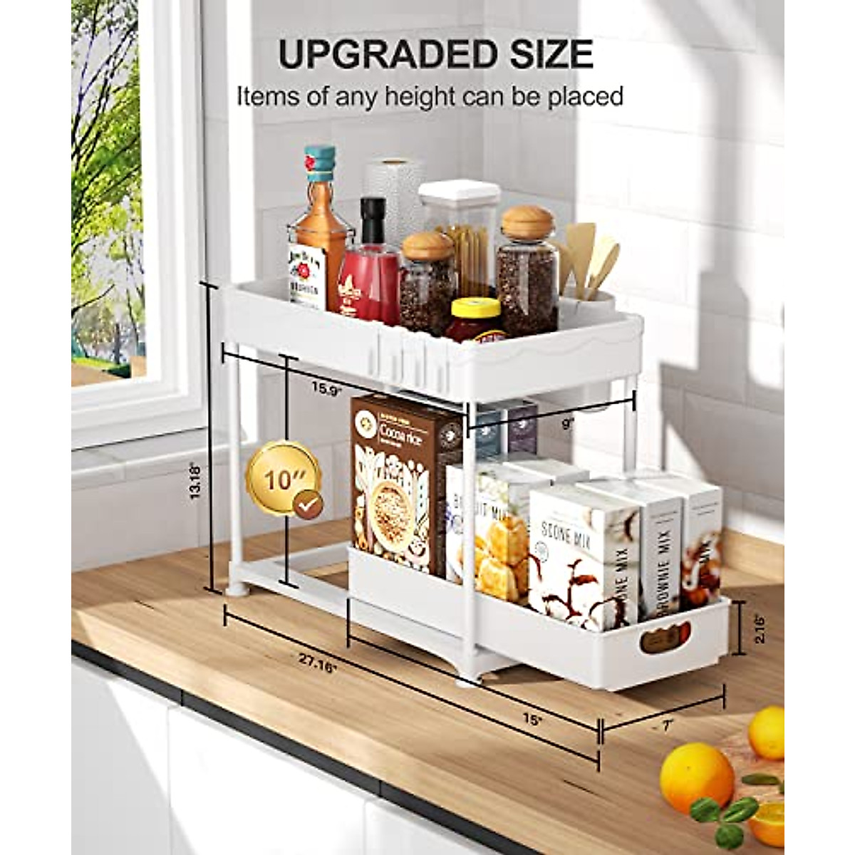 MERRYBOX Under Sink Organizers and Storage, Sliding Under Bathroom Cabinet Organizer, 2 Tier Kitchen Under Sink Organizer Pull Out Drawer with 4 Hooks, 1 Hanging Cup, 4 Non-Slip Feet, White, 1 Pack