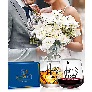 comfit Engagement Gifts for Couples - Bridal Shower Gifts - Wedding Gifts for Bride and Groom, His and Hers, Newlywed - Wine&Whiskey Glass Gift for Mr and Mrs