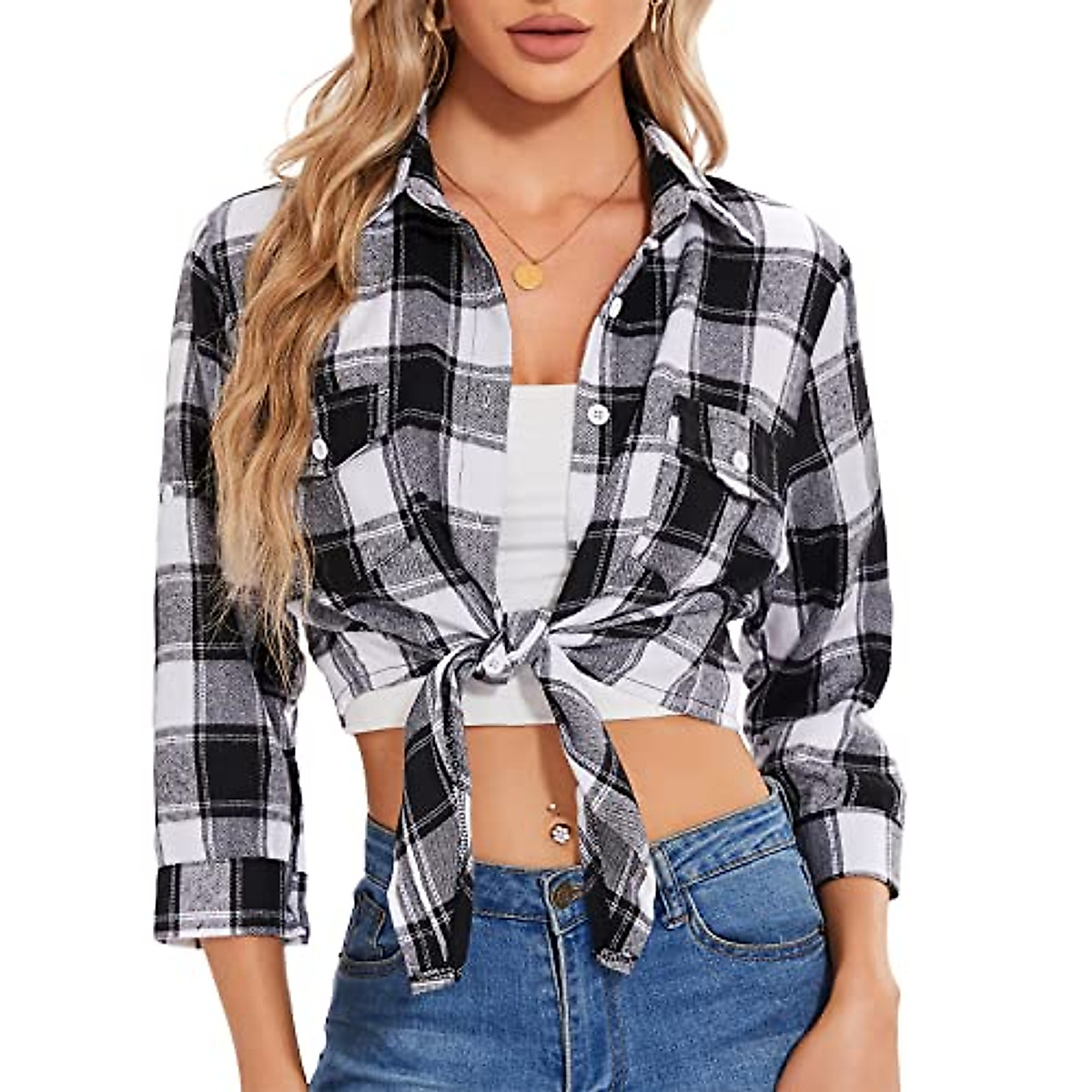 Women's 3/4 Sleeve Front Tie Shirt Plaid Shirts Denim Shirt Crop Cardigan Jean Crop Top Button Down Knot Shirt Black Plaid X-Small