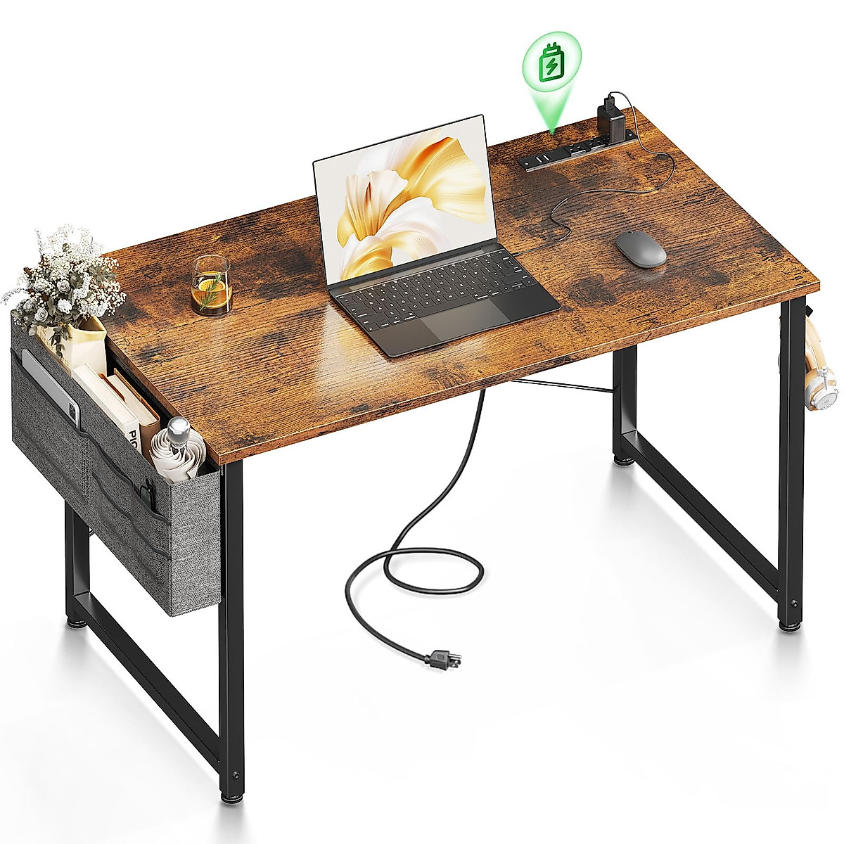 Casaottima 40 inch Computer Desk, Modern Simple Style Desk for Home Office, Study Student Writing Desk with Charging Station Outlets Built in, Rustic